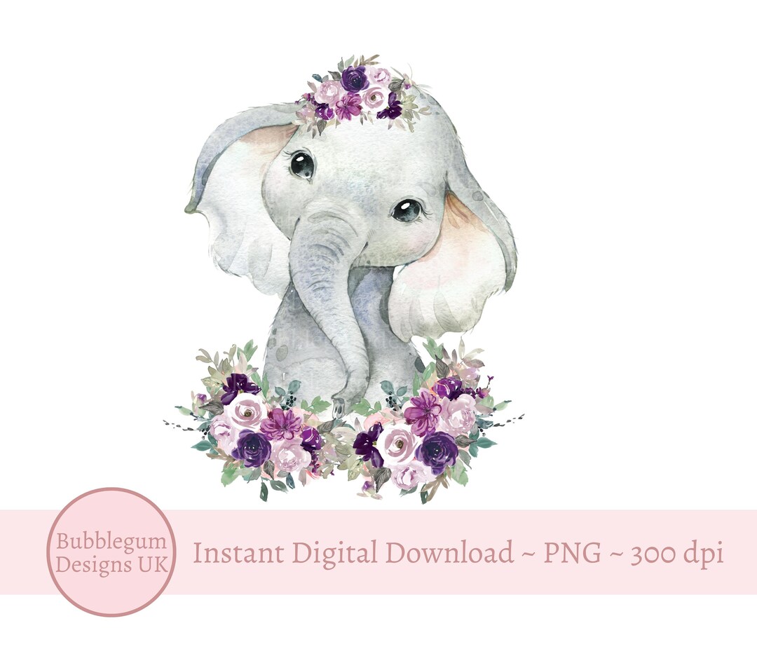 Baby Elephant Purple Floral PNG, Watercolor Elephant, Sublimation ...
