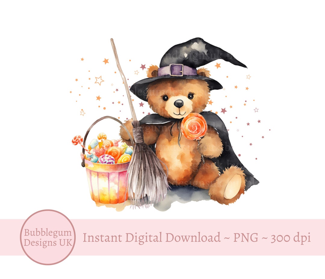 Trick or Treat Teddy Bear in Witches Hat & Broomstick PNG, Halloween T ...