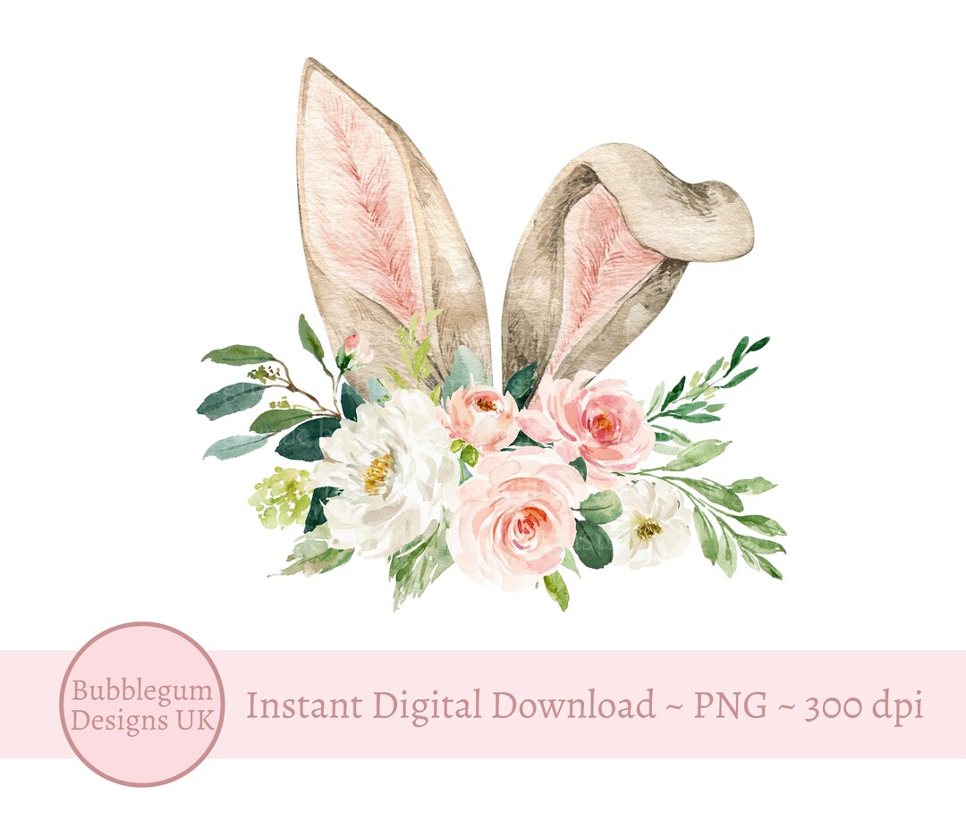 Blush Floral Easter Bunny Ears PNG, Easter Clip Art, Easter Stickers ...
