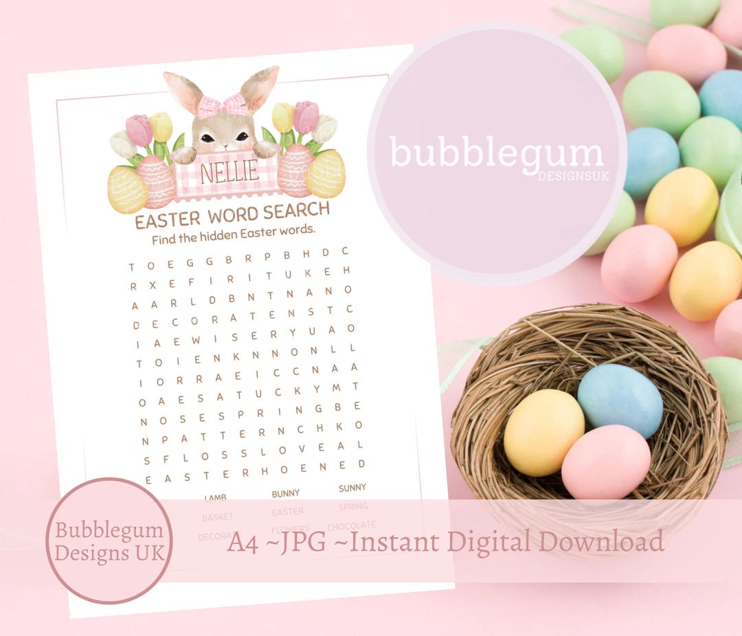 A4 Easter Bunny Pink Gingham Wordsearch, Pink Easter Rabbit Wordsearch ...