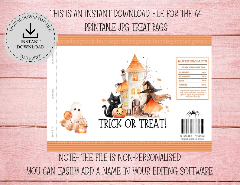 Halloween Treat Packet, A4 Printable JPG, Trick or Treat Bag, Halloween ...