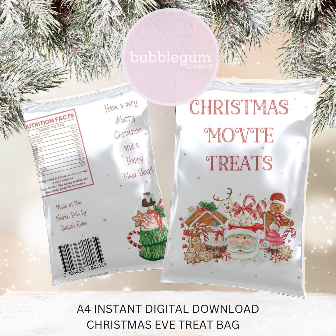 Christmas Movie Night Treat Packet, A4 Printable JPG, Christmas Eve ...