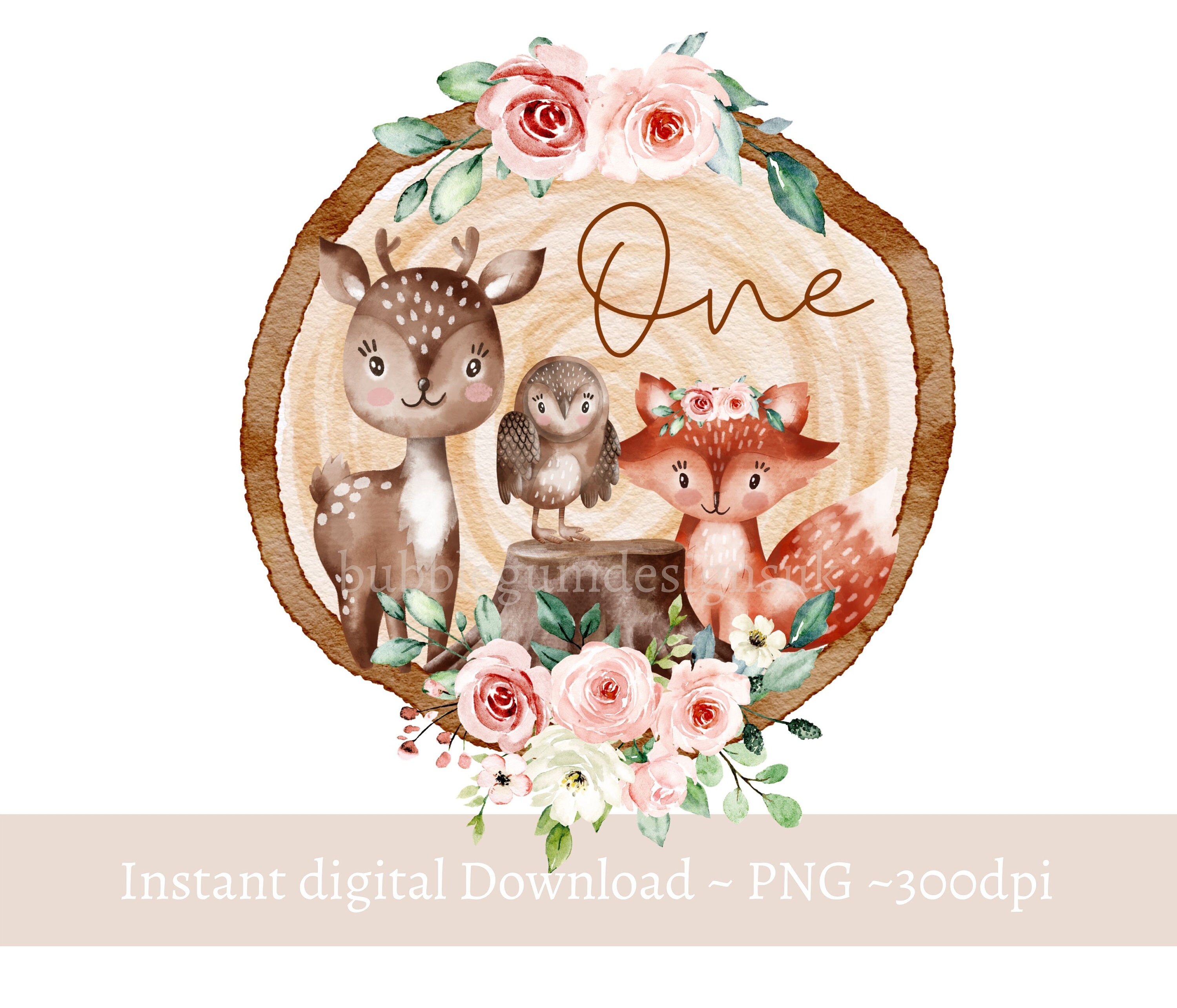 Woodland Animals First Birthday PNG Forest Animals on Floral | Etsy