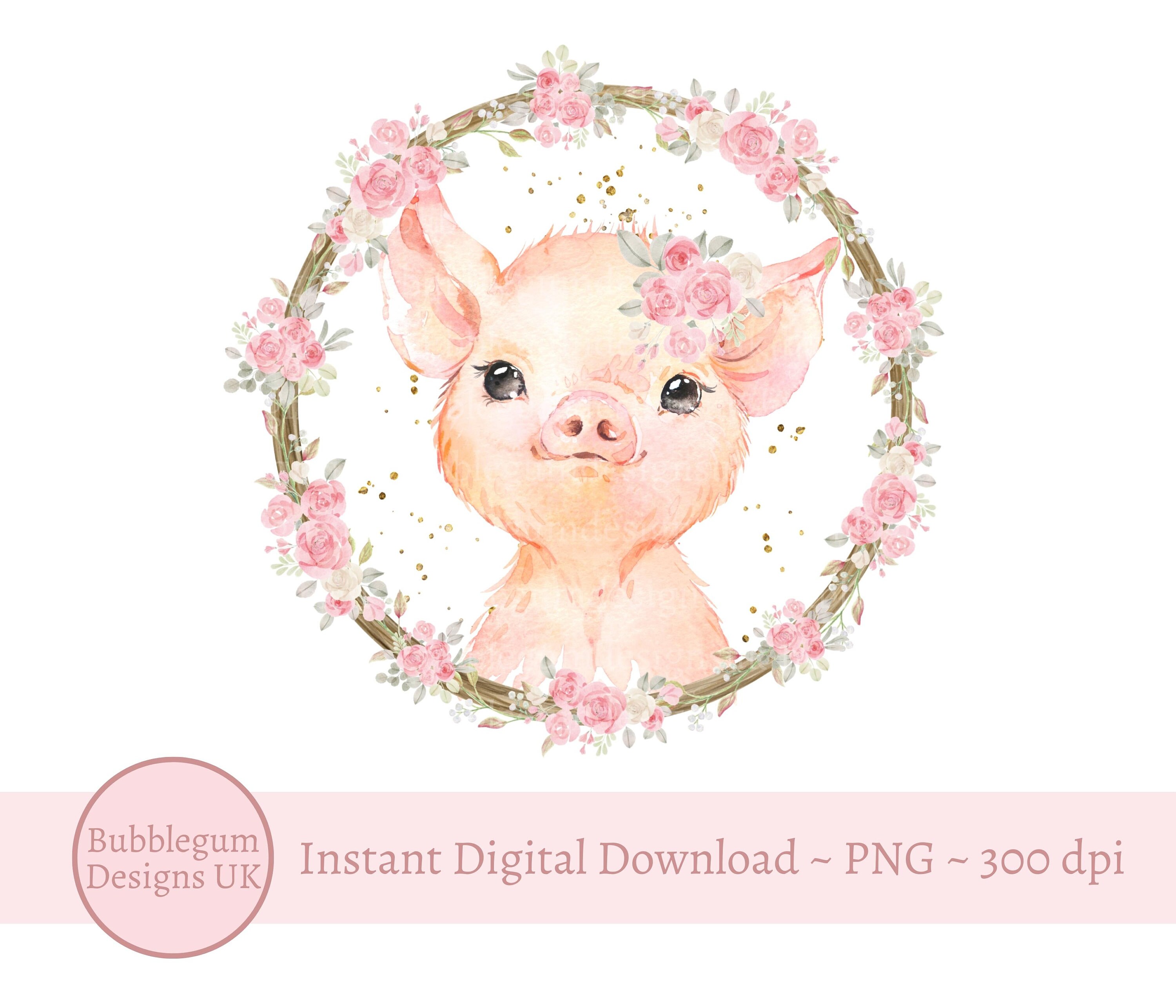 Baby Piglet in Pink Rose Wreath PNG Watercolor Baby Farm - Etsy