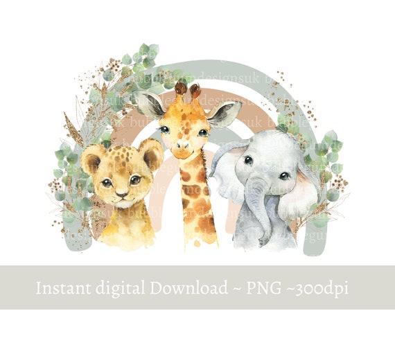 Neutral Safari Animals Rainbow PNG Cute Elephant Giraffe - Etsy