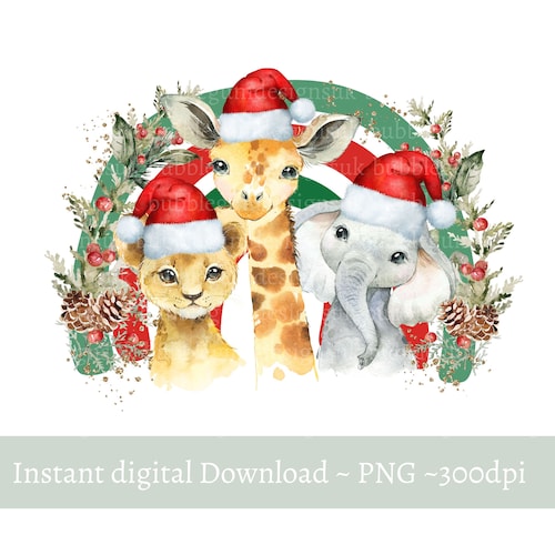 Christmas Safari Animals Rainbow PNG Cute Elephant Giraffe - Etsy
