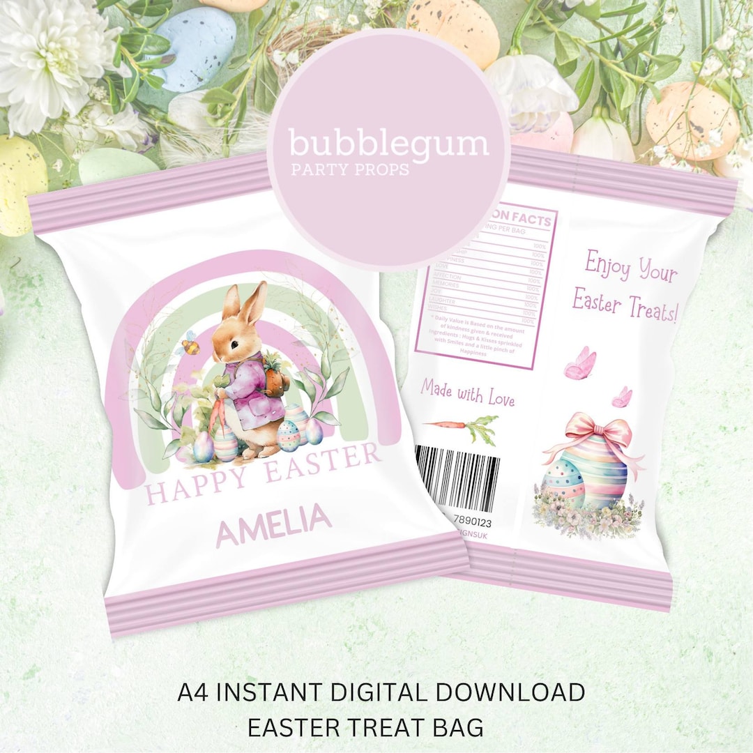 Pink Easter Bunny Rainbow Treat Packet, A4 Printable JPG, Easter Treat ...