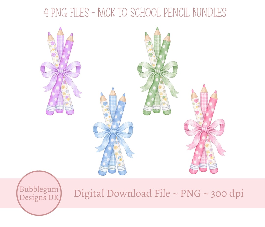 4 X Pastel Patterned Pencils With Bows PNG, Starting School Clipart ...