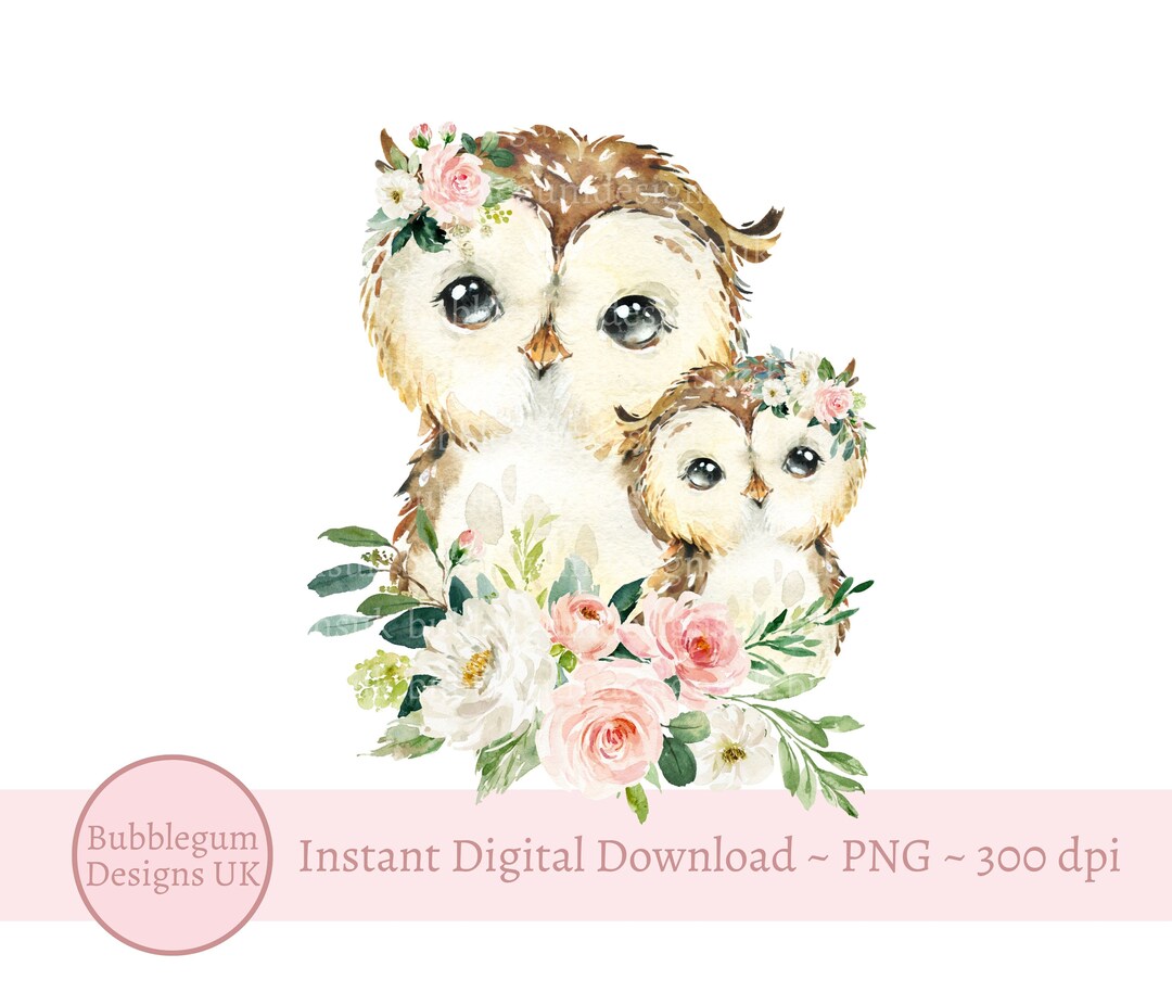 Mother & Baby Owls Pink Floral PNG, Watercolor Cute Owl Sublimation ...