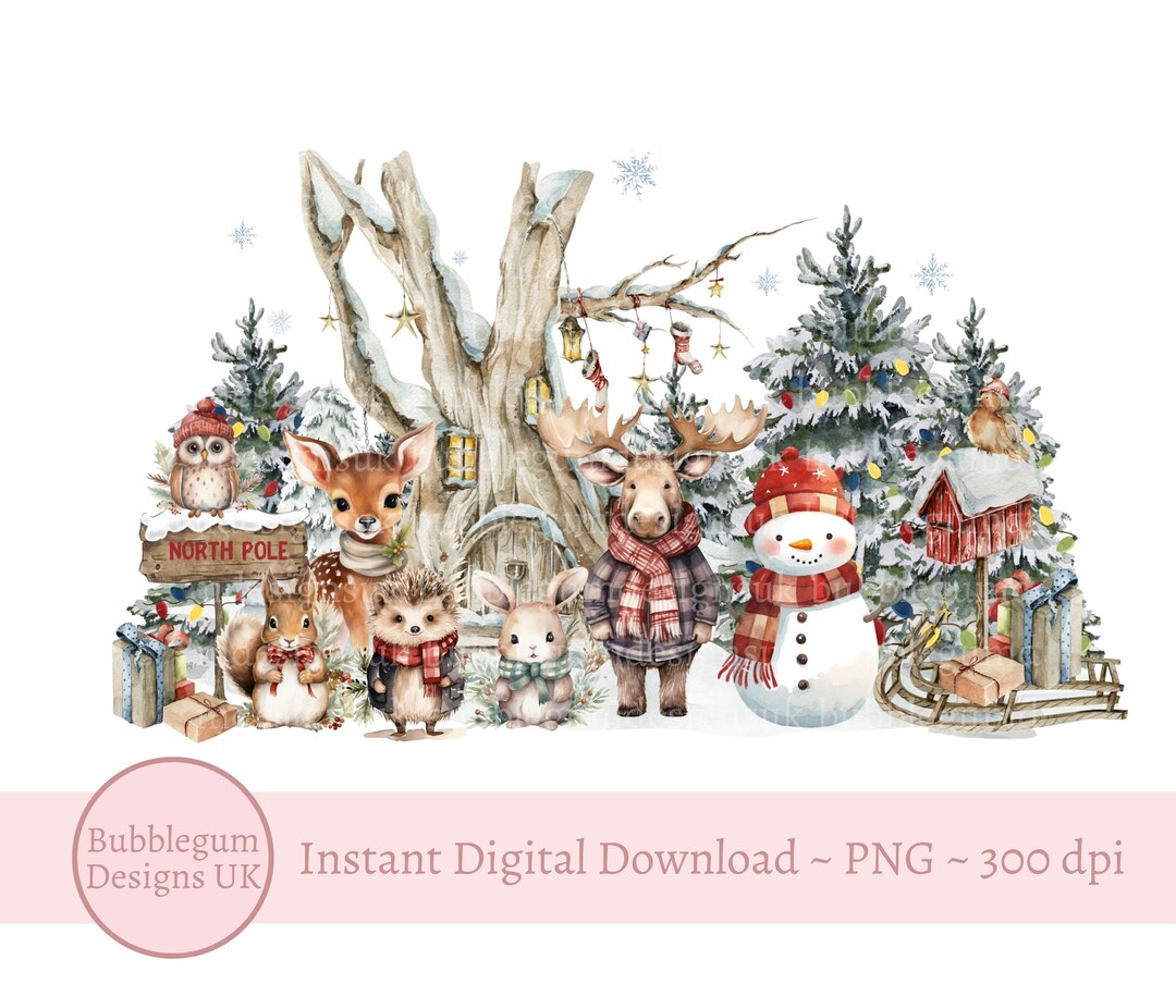 Christmas Woodland Animals and Snowman PNG, Winter Forest Animals ...