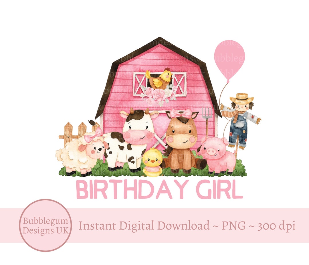 Pink Farm Barn Birthday Girl PNG, Farm Animals Sublimation Design ...
