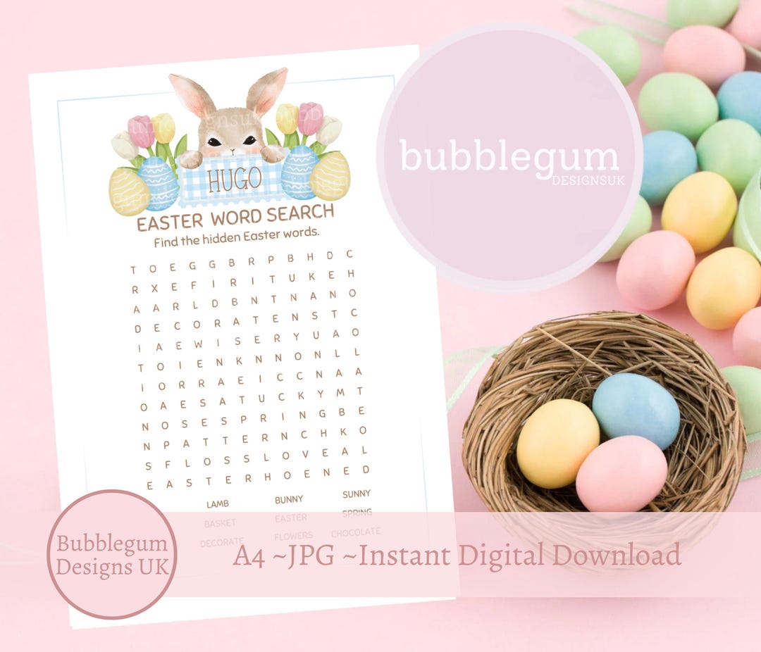 A4 Easter Bunny Blue Gingham Wordsearch, Blue Easter Rabbit Wordsearch ...