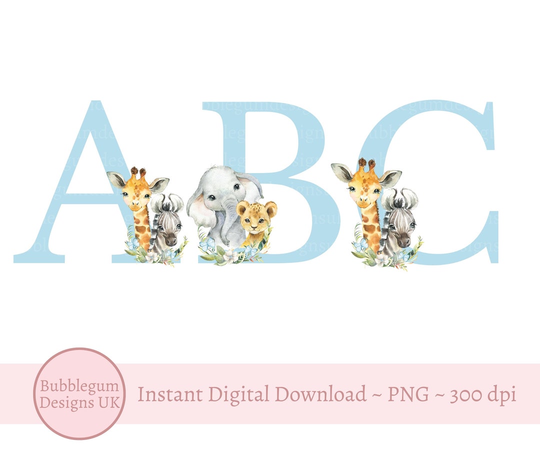 Blue Safari Animal Alphabet PNG, Baby Safari Animals, Elephant, Giraffe ...
