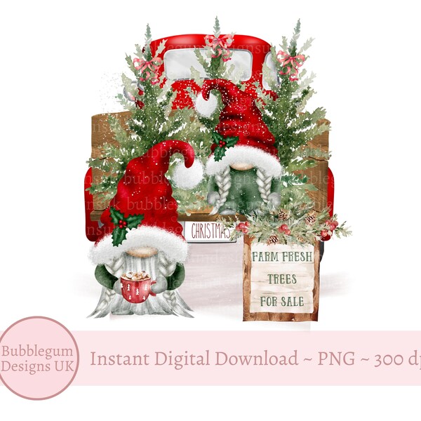 Red Vintage Truck With Christmas Gnomes Farm Fresh Png - Etsy