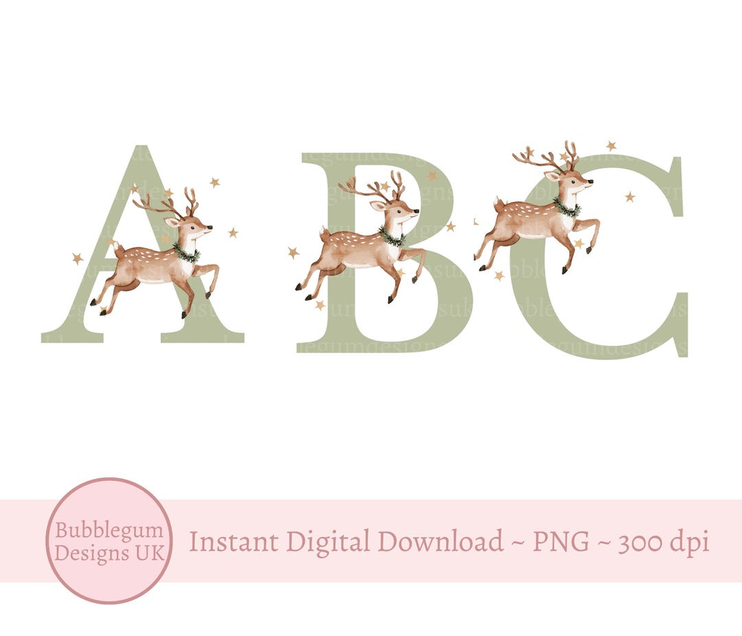Sage Green Reindeer Christmas Alphabet PNG, Christmas Deer Sublimation ...