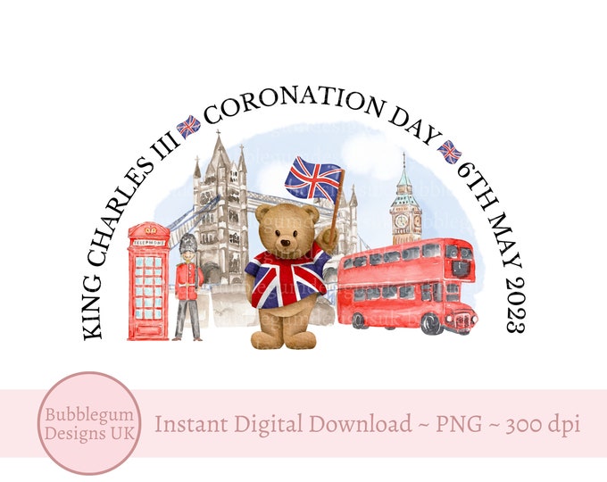 King Charles III Coronation Day 2023, Union Jack Bear in London PNG, Coronation Day Sublimation ...