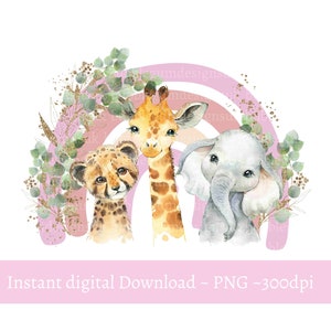 Pink Safari Animals Rainbow PNG Cute Elephant Giraffe - Etsy