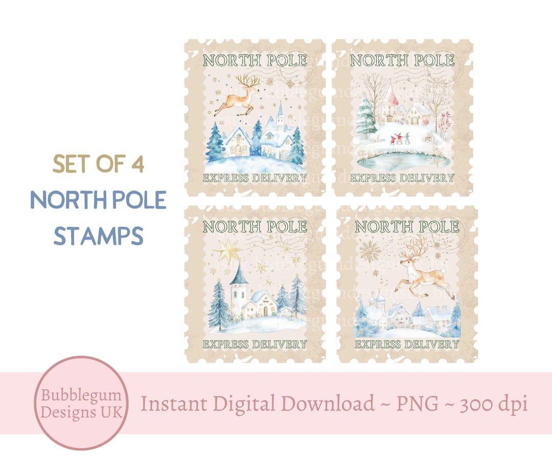 North Pole Postage Stamps Set PNG, North Pole Mail Stamp Set, Stickers ...