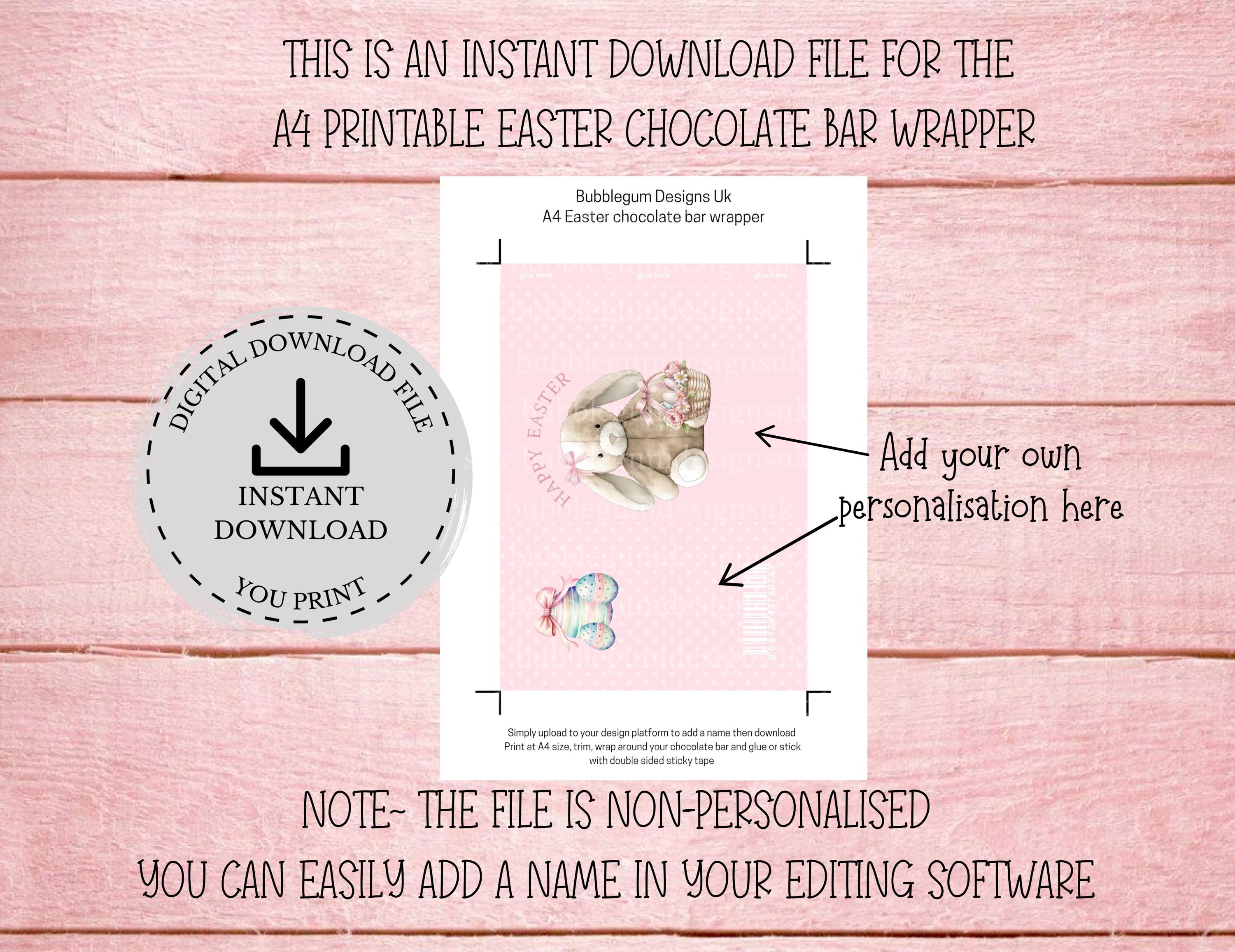 Printable Easter Chocolate Bar Wrapper, Pink Easter Bunny & Basket ...