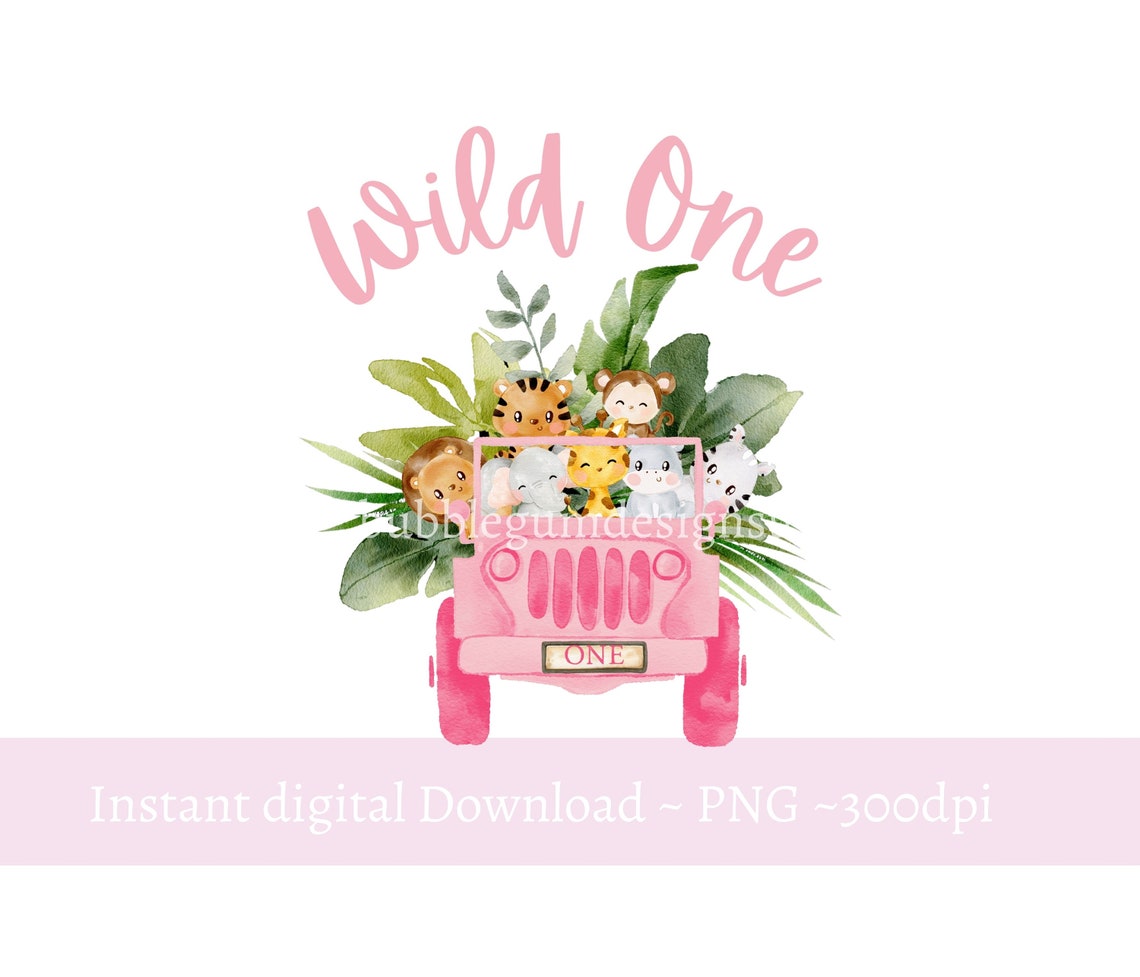 Wild One Baby Safari Animals Pink Truck PNG Watercolor Baby - Etsy