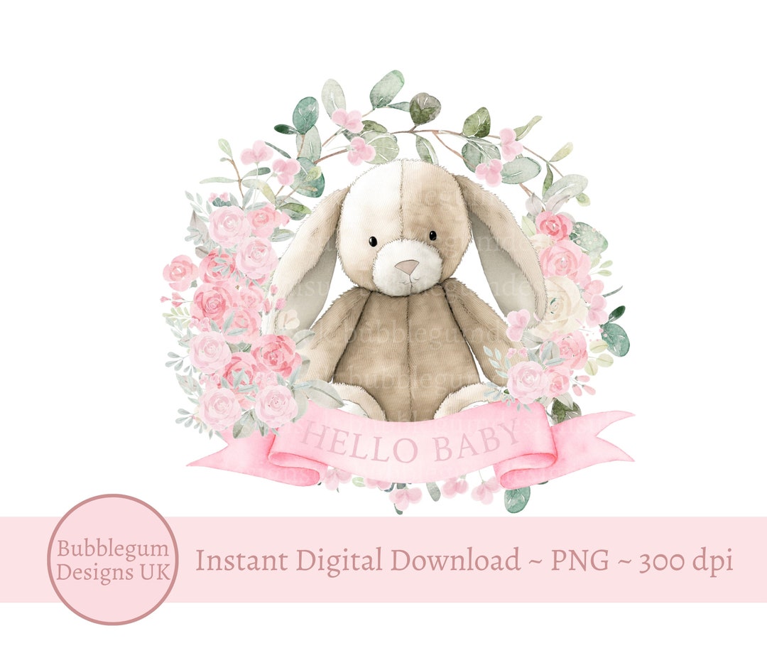 Hello Baby Pink Floral Bunny Wreath PNG, Baby Girl Sublimation Design ...