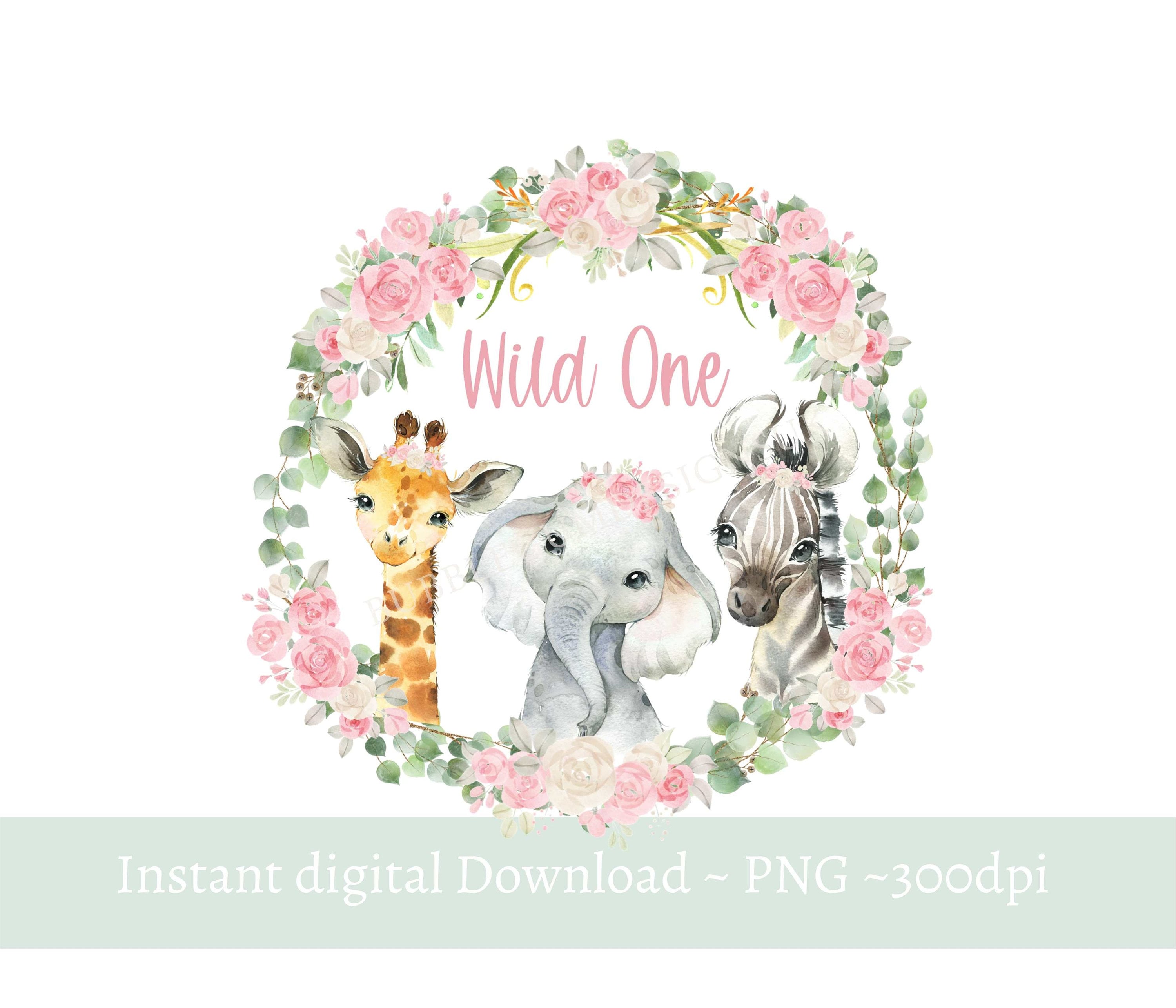 Girls Wild One Baby Safari Animals Wreath PNG Watercolor Baby - Etsy