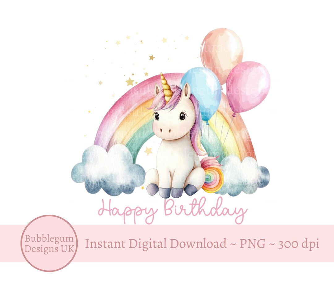 Rainbow Unicorn & Balloons PNG, Girls Birthday Sublimation Design ...