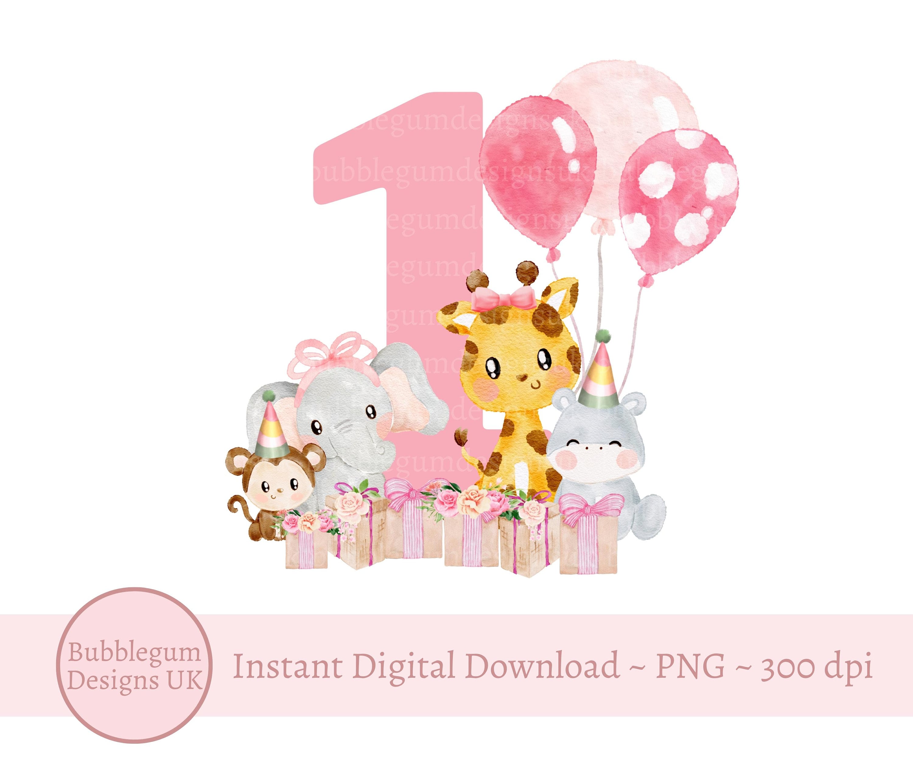 First Birthday Baby Safari Animals Pink PNG Watercolor Baby - Etsy