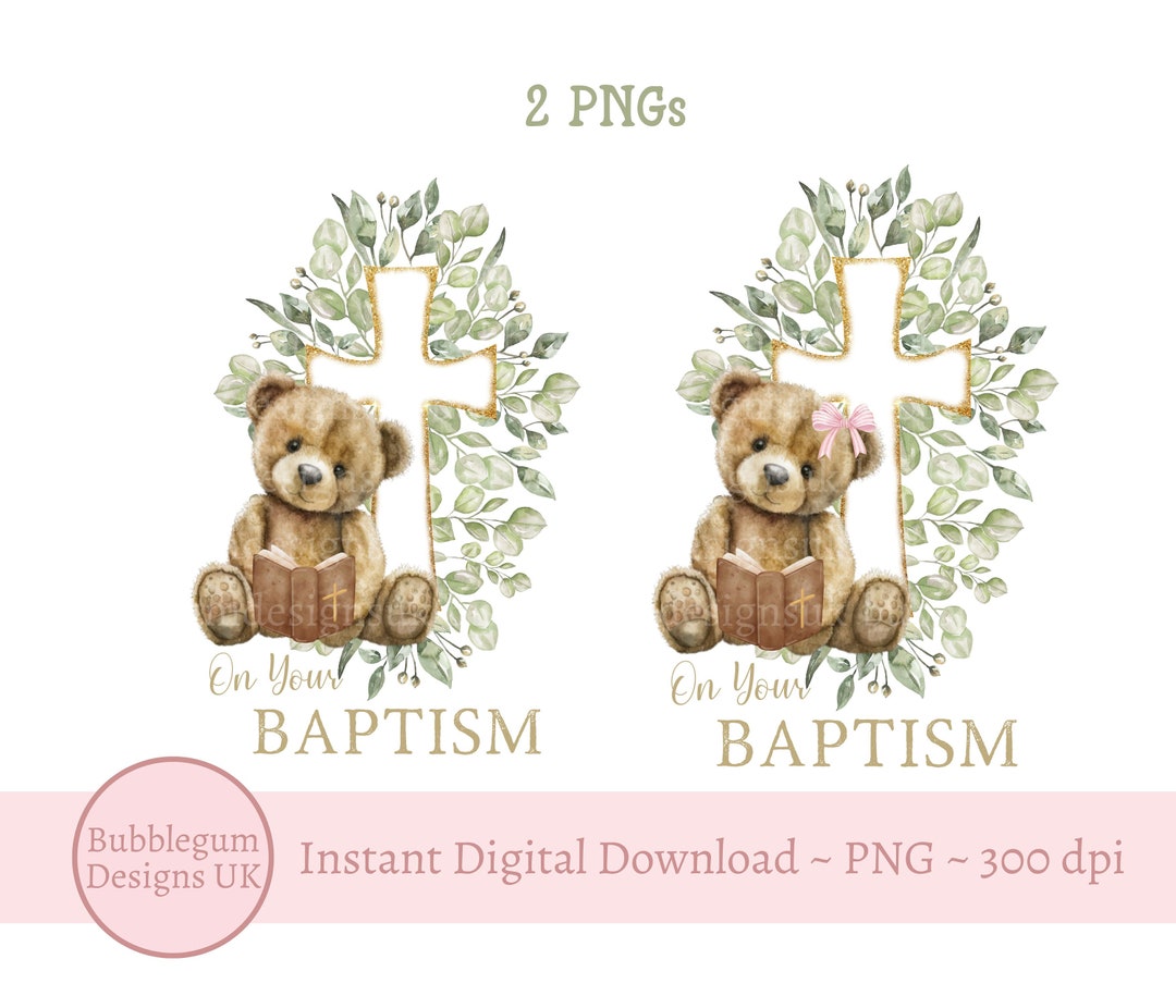 Set of 2 Teddy Bear & Bible Baptism Cross PNG, Baptism Sublimation ...