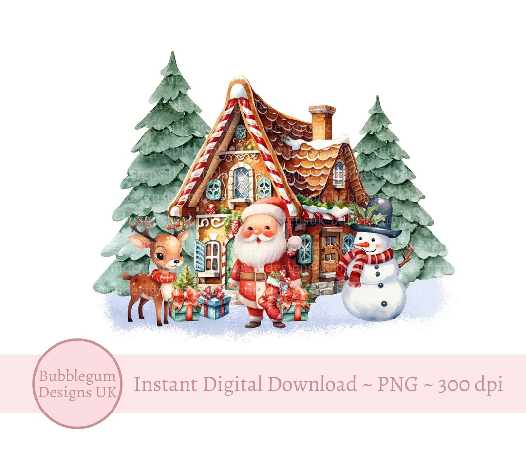 Santa and Gingerbread House & Reindeer PNG, Christmas Sublimation ...