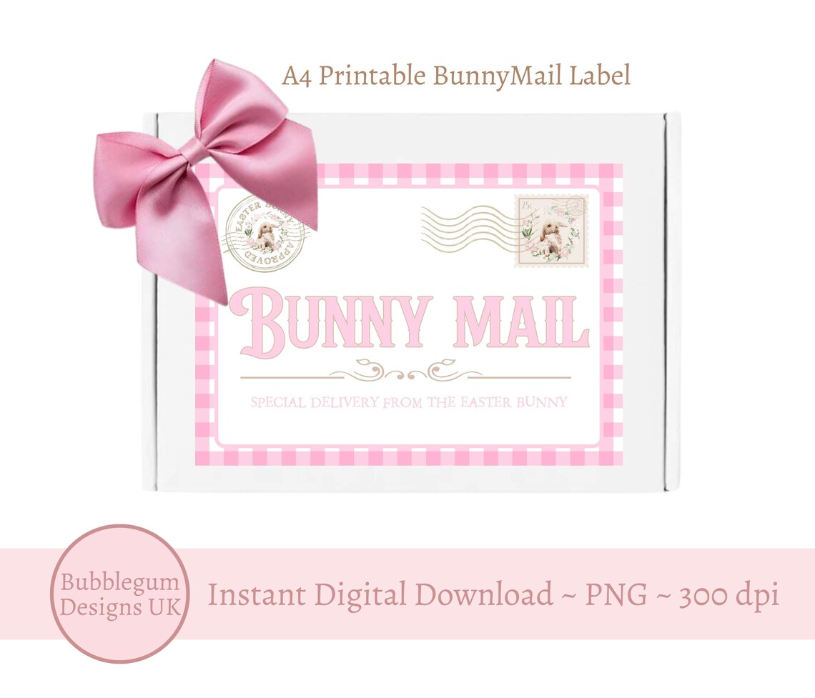 A4 Pink Printable Easter Bunny Mail Shipping Label PNG, Easter Bunny ...
