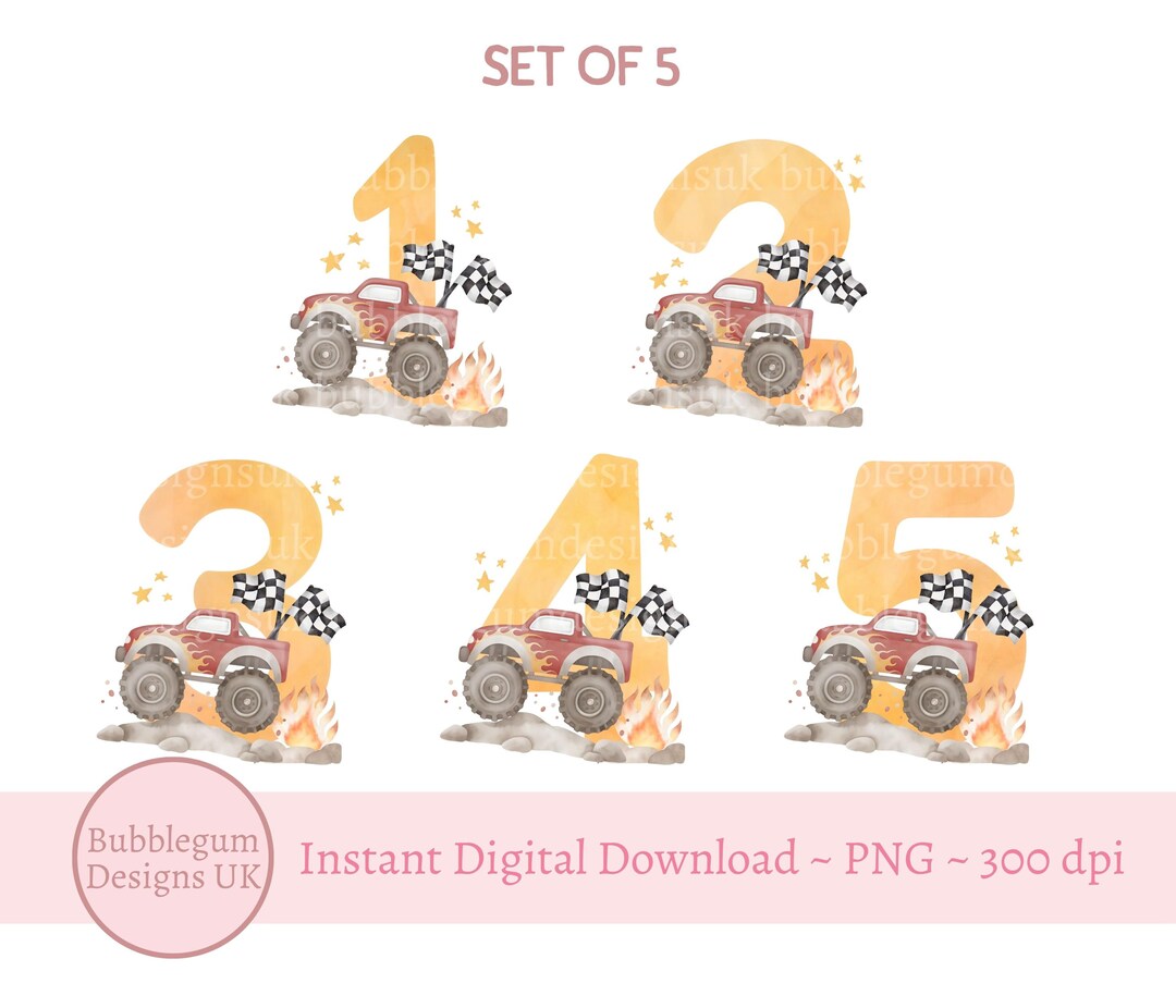 Monster Trucks Numbers Age 1 to 5 Sublimation Designs, PNG, Transport ...