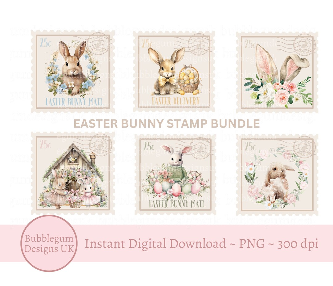 Easter Bunny Mail Postage Stamp Set PNG, Bunny Rabbit Stamps Set ...