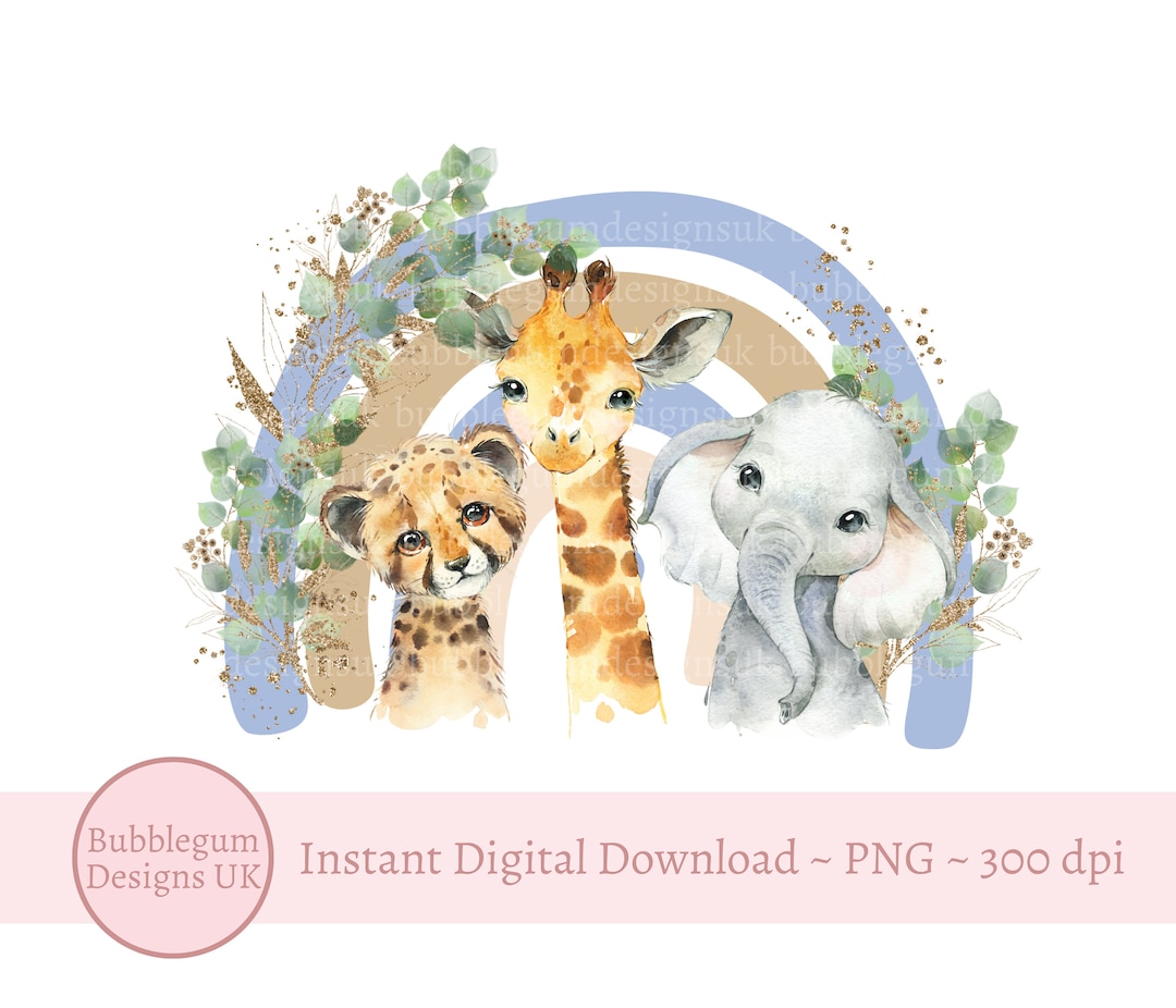 Blue Safari Animals Rainbow PNG, Cute Elephant, Giraffe, Leopard ...