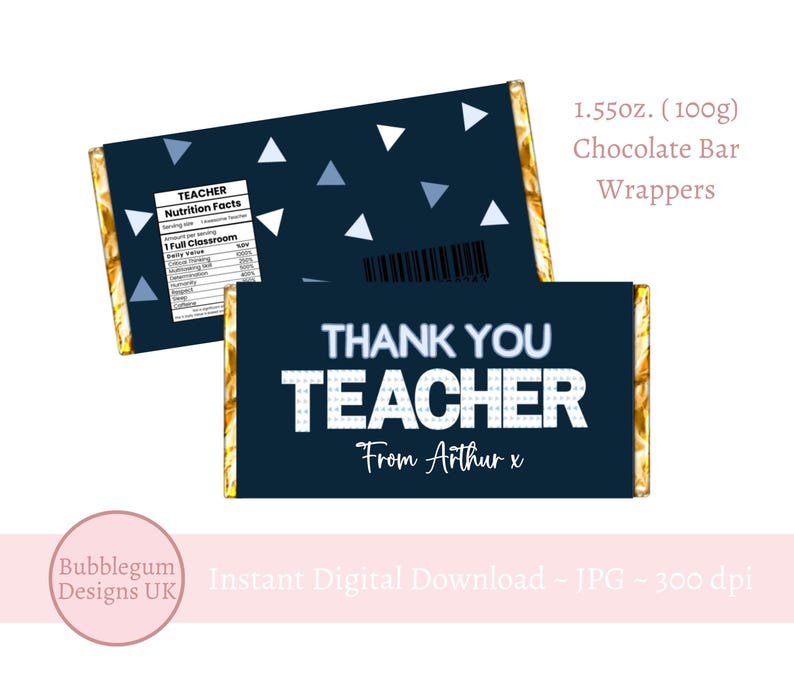 Printable Thank You Teacher Blue Chocolate Bar Wrapper, 1.55oz(100g ...