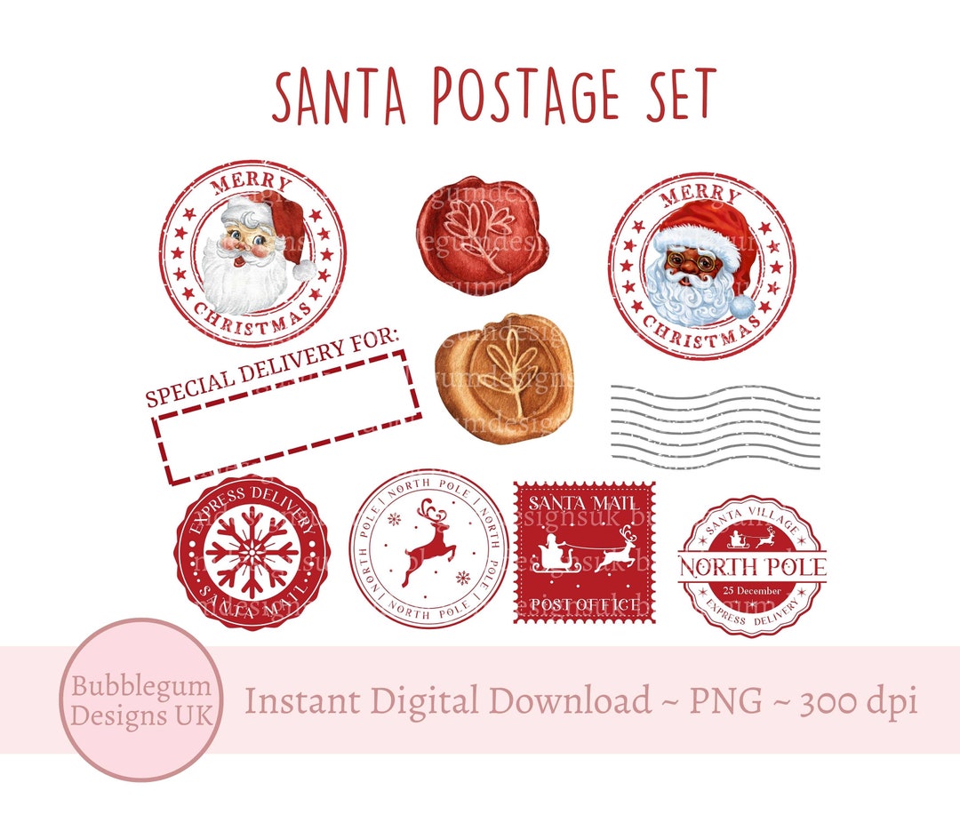 Santa Mail Postage Set PNG, Merry Christmas Red Santa Designs,stickers ...