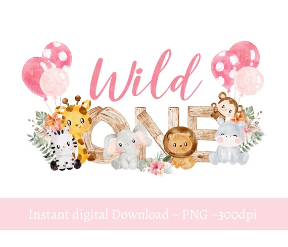 Pink Wild One Baby Safari Animals PNG Watercolor Baby | Etsy