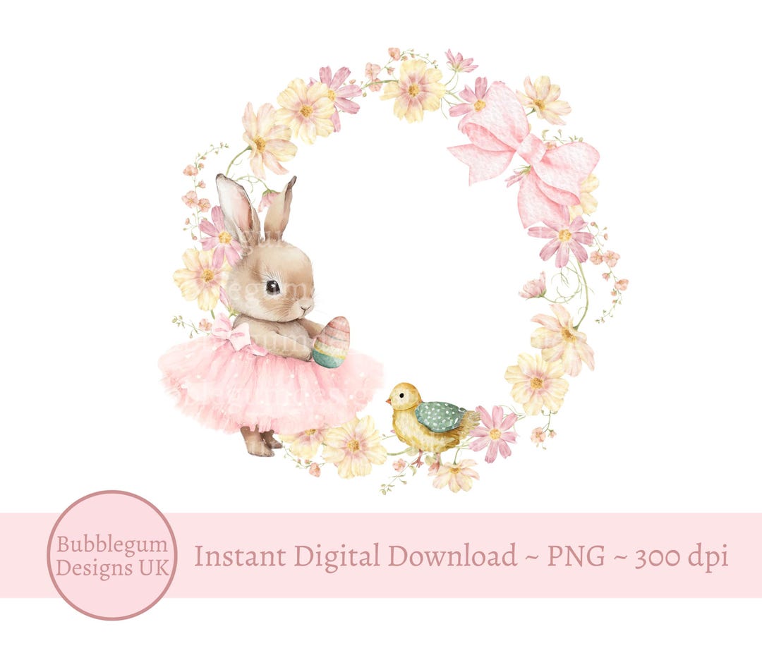 Pink Tutu Easter Bunny Floral Wreath PNG, Easter Sublimation Design ...