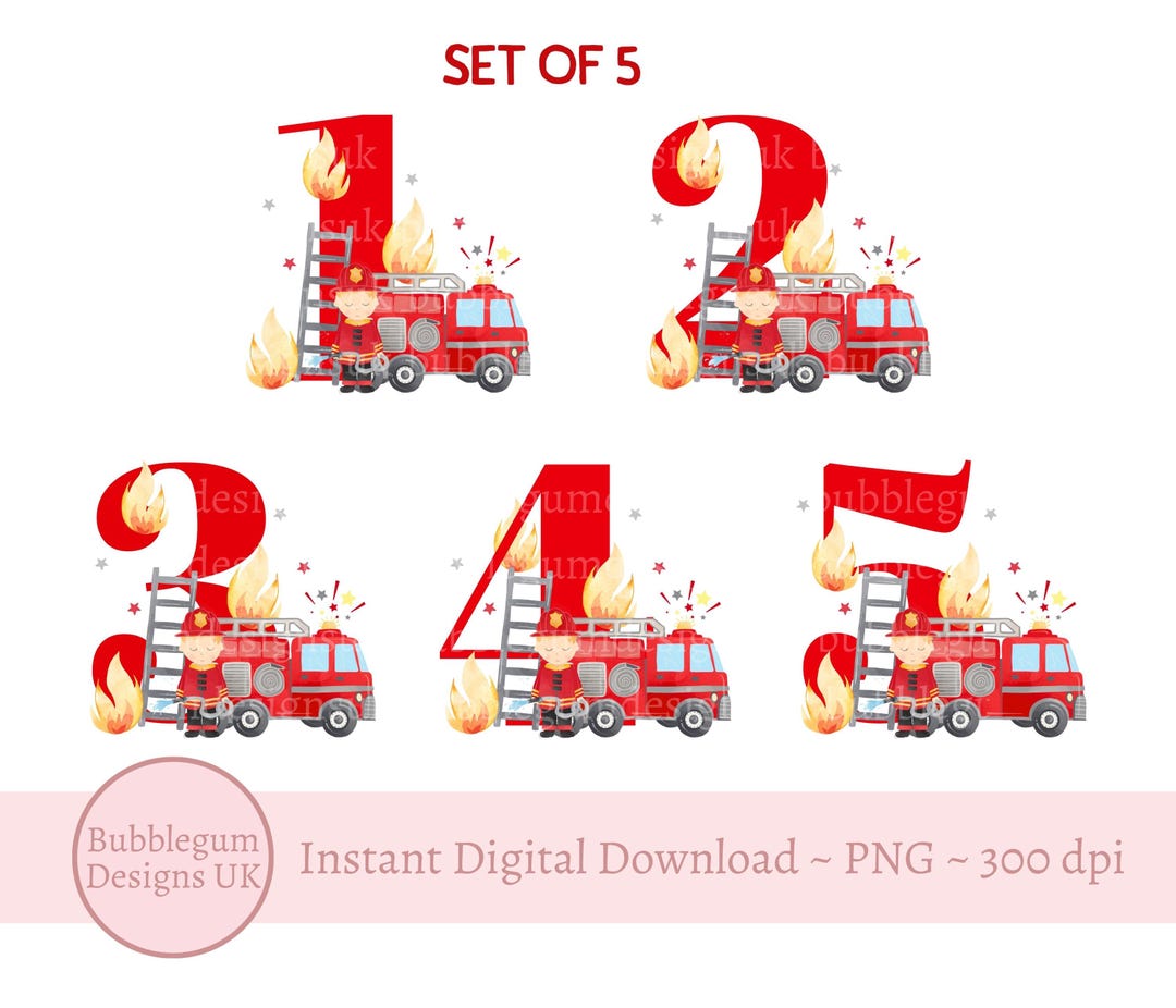Red Fire Truck Numbers Age 1 to 5 Sublimation Designs, PNG, Fire Engine ...
