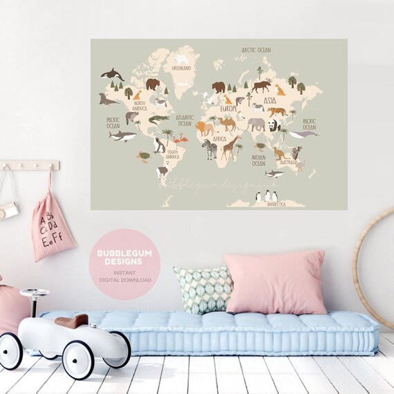 Animal World Map Printable Wall Art Educational Print | Etsy