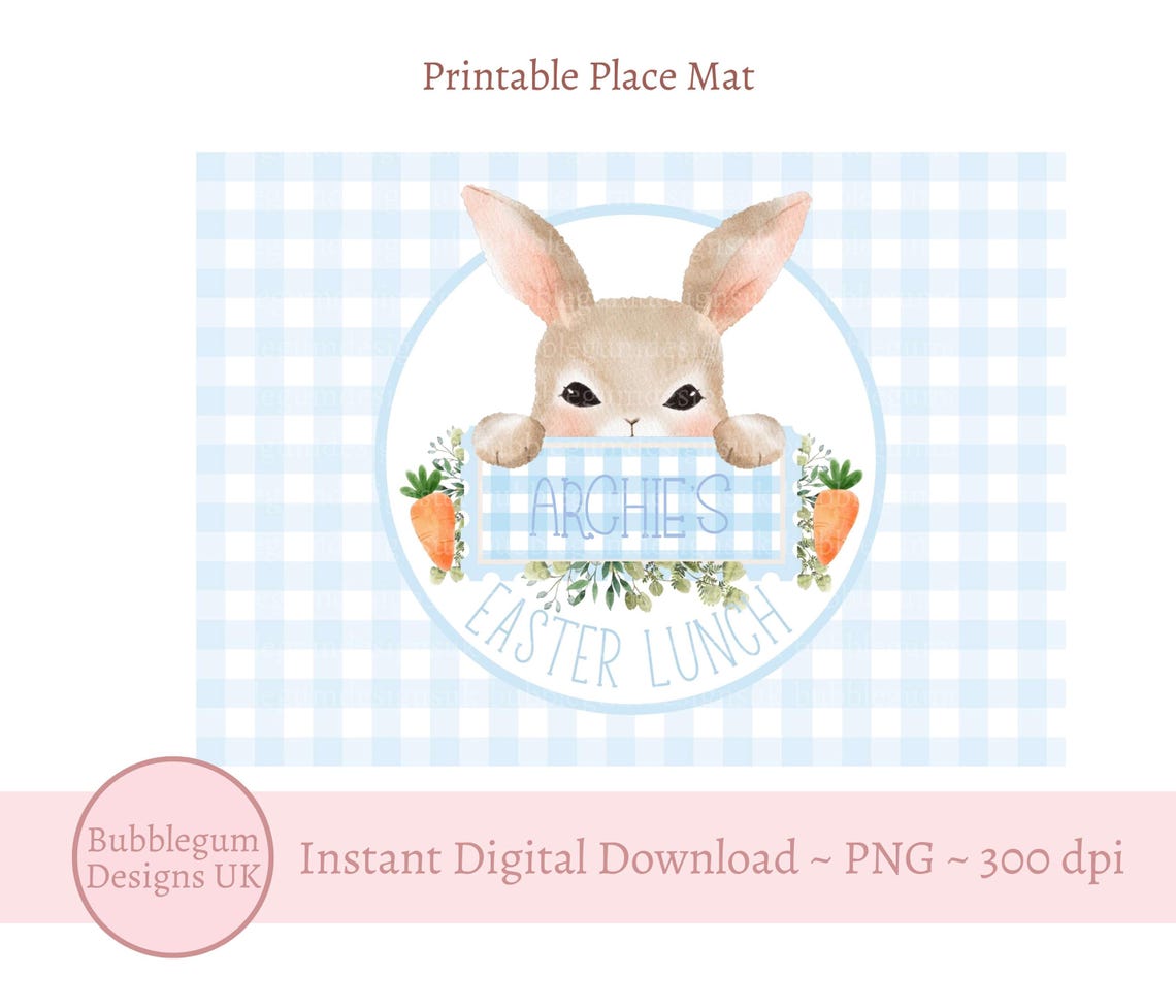 Blue Easter Bunny Printable Placemat JPG, Cute Easter Design, Kids ...