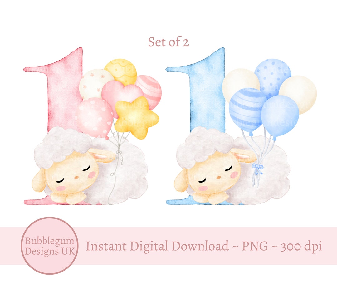 Set of 2 Pink Blue Lamb Balloons PNG, First Birthday Lamb, Pink Blue ...