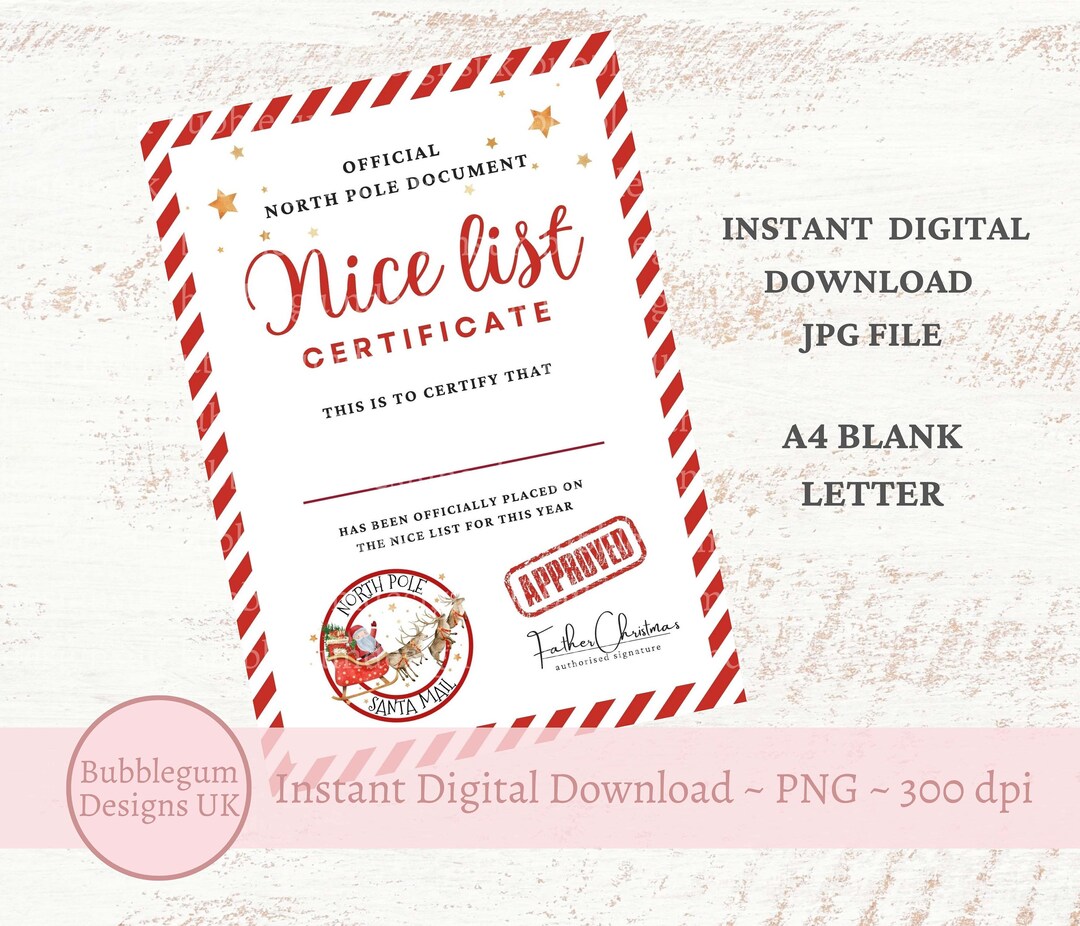 Father Christmas Nice List Certificate, A4 North Pole Santa Mail ...