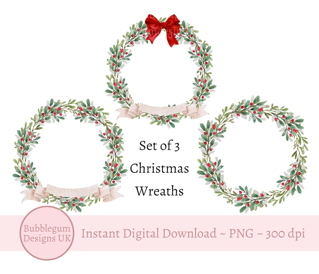 3 X Christmas Wreaths PNG, Christmas Clip Art, Festive Greenery & Red ...