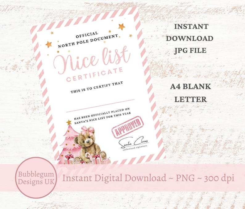 Santa's Nice List Certificate, A4 Pink Christmas Bear, Christmas Eve ...