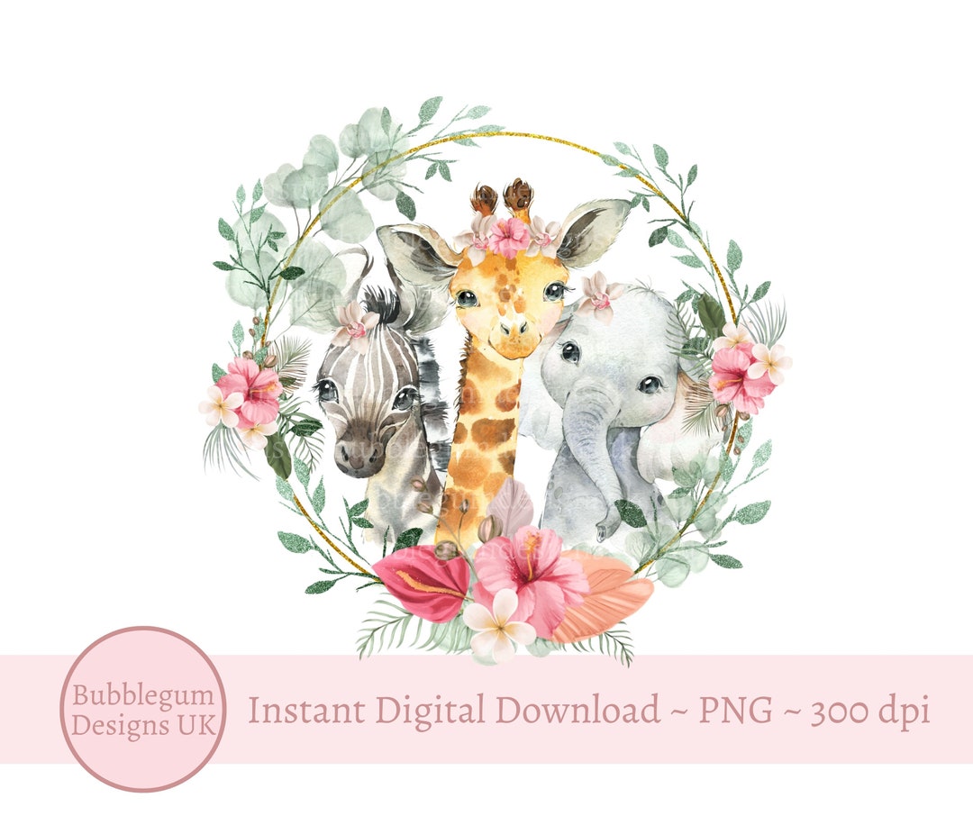 Baby Safari Animals Pink Floral Wreath PNG, Wild One, Two Wild, Girls ...