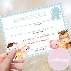 Adopt A Farm Animal Adoption Certificate, Blue Farm Party Favour, Boys ...