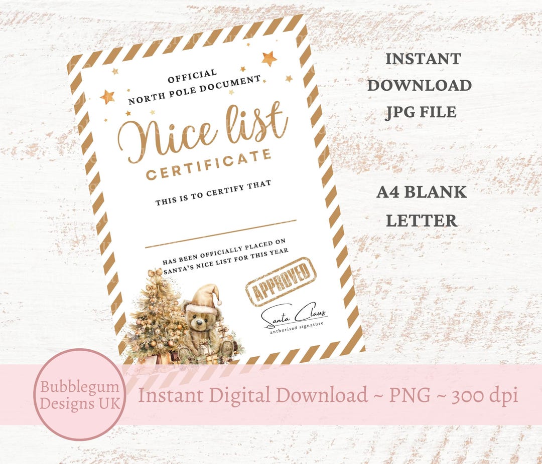 Santa's Nice List Certificate, A4 Gold Christmas Bear, Christmas Eve ...