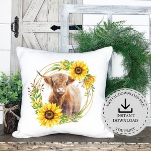 Highland Cow Sunflower Wreath PNG, Sunflowers and Cow Clip Art, Kitchen ...