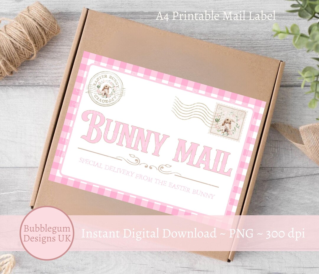 A4 Pink Printable Easter Bunny Mail Shipping Label PNG, Easter Bunny ...